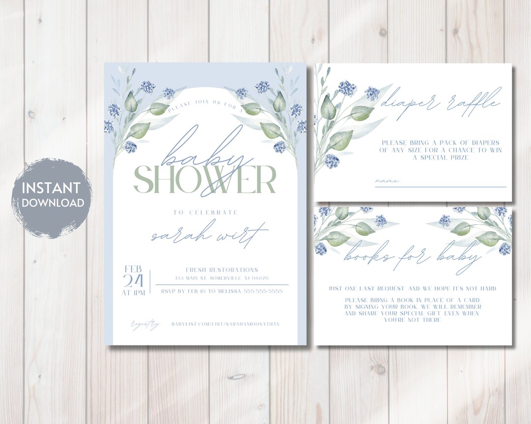 Blue Baby Shower Invitation, Blue Green Floral Baby Shower Invite ...