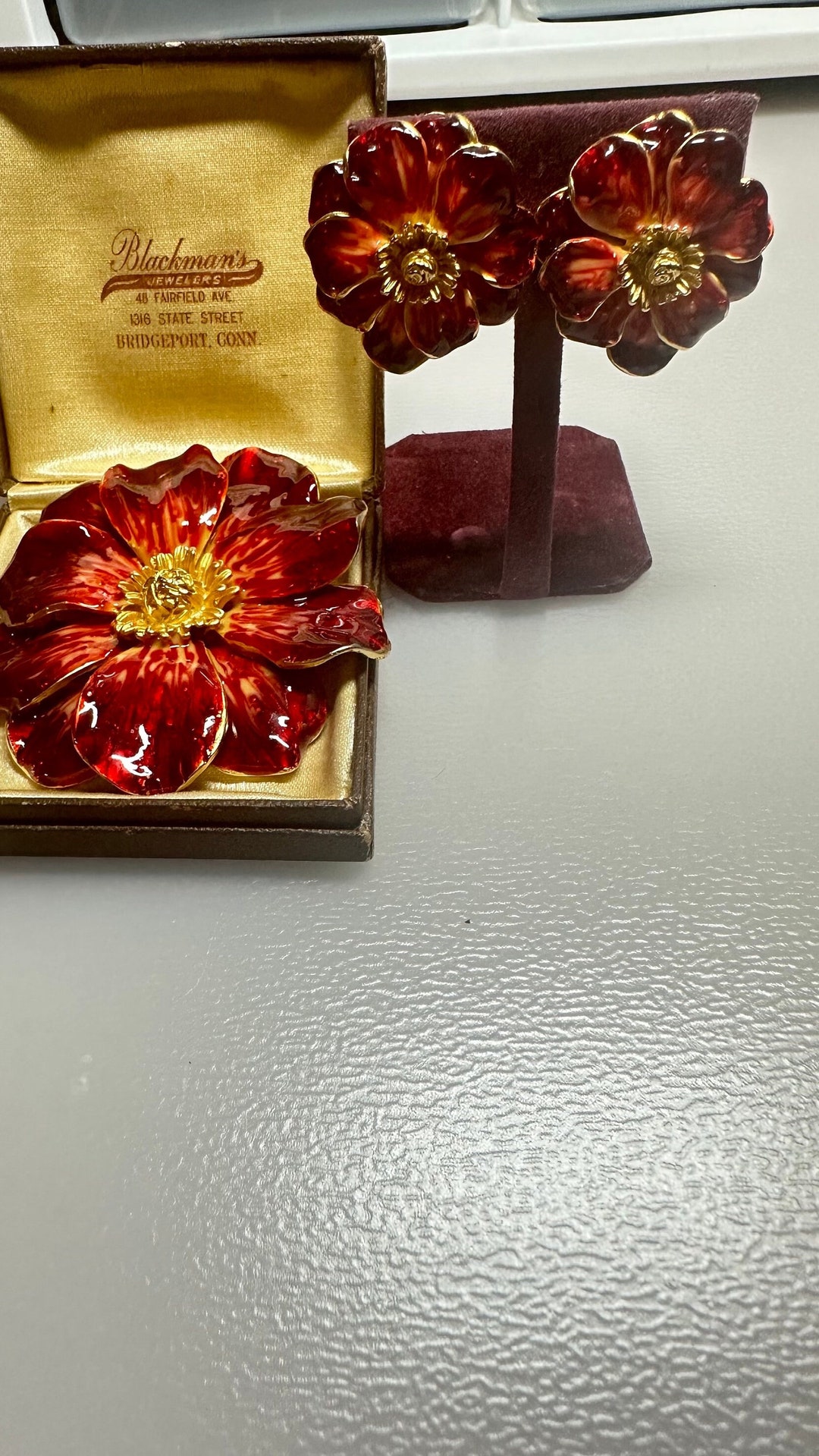 Beautiful Vintage 1980’s ERWIN PEARL Red Gold Enamel Flower Brooch and ...