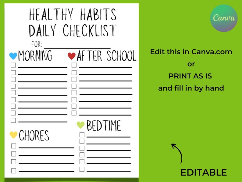 Healthy Habits Checklist Kids Daily Routine Reward Chart Daily ...