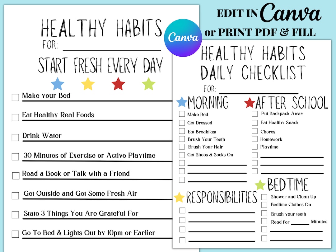 Healthy Habits Checklist, Kids Daily Routine,printable Daily Routine ...