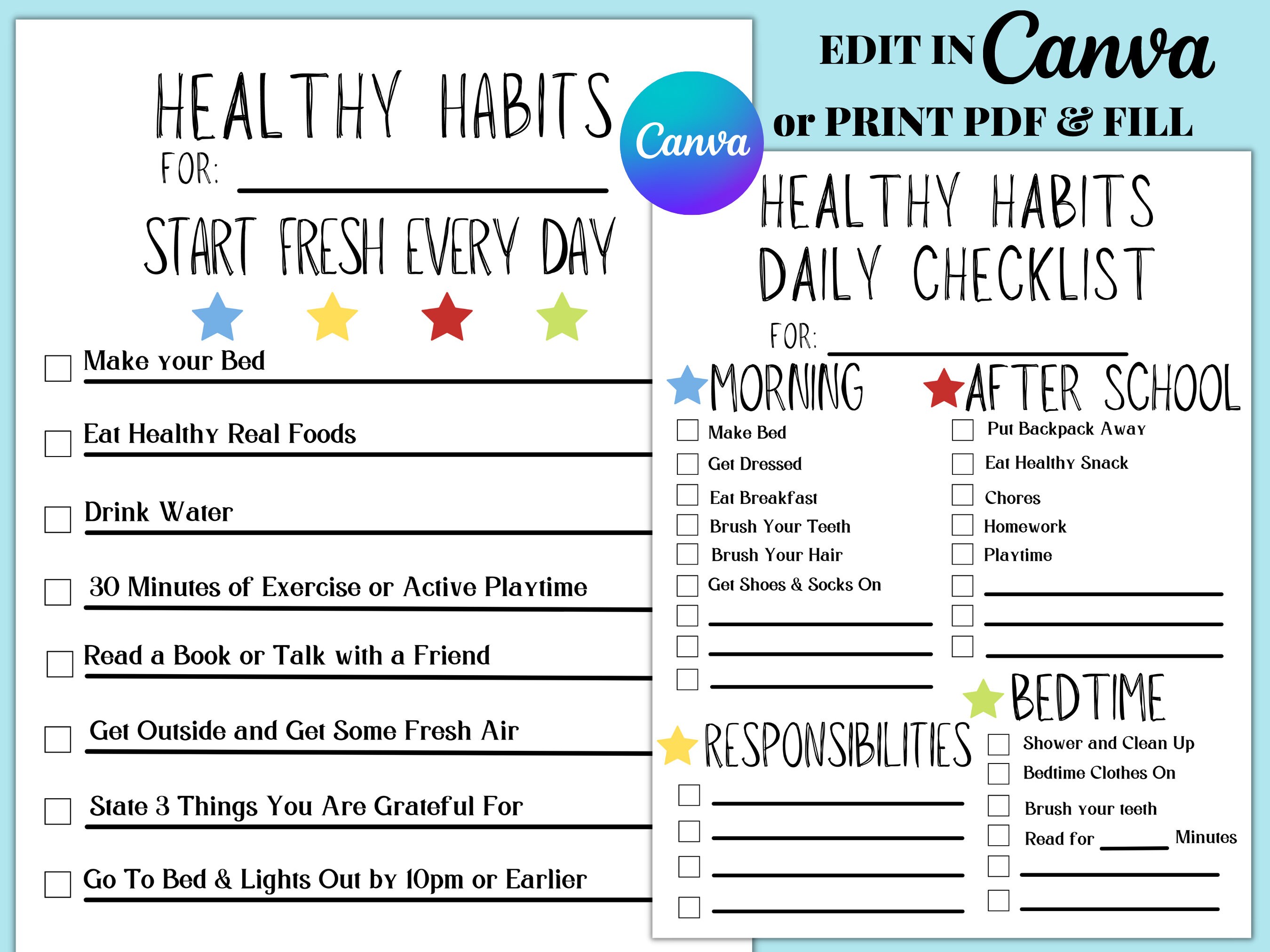 Healthy Habits Checklist Kids Daily Routine printable Daily Routine