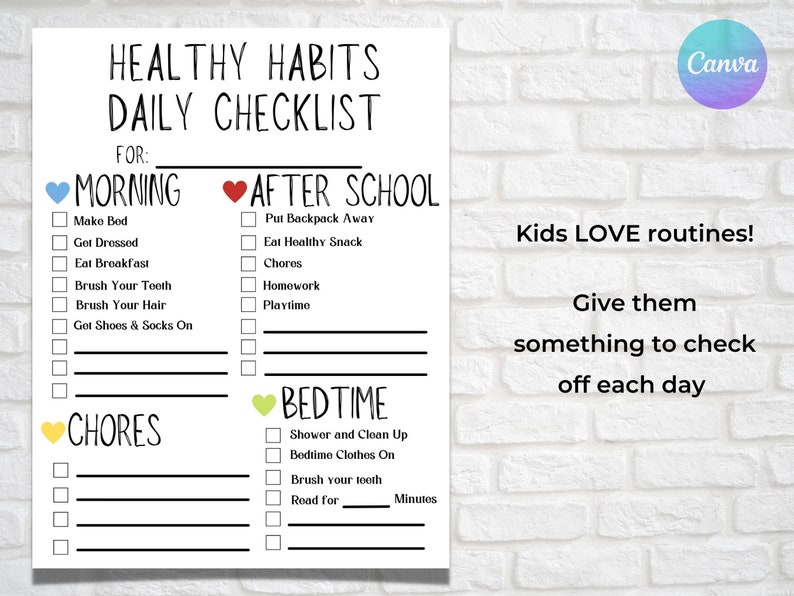 Healthy Habits Checklist Kids Daily Routine Reward Chart Daily ...