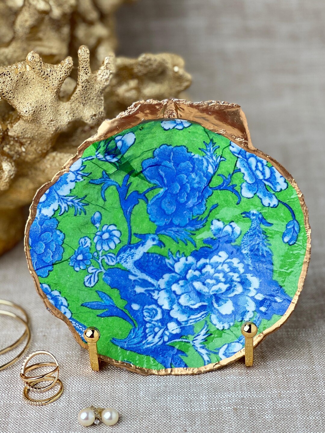 Floral Chinoiserie Blue Green Scallop Shell - Etsy