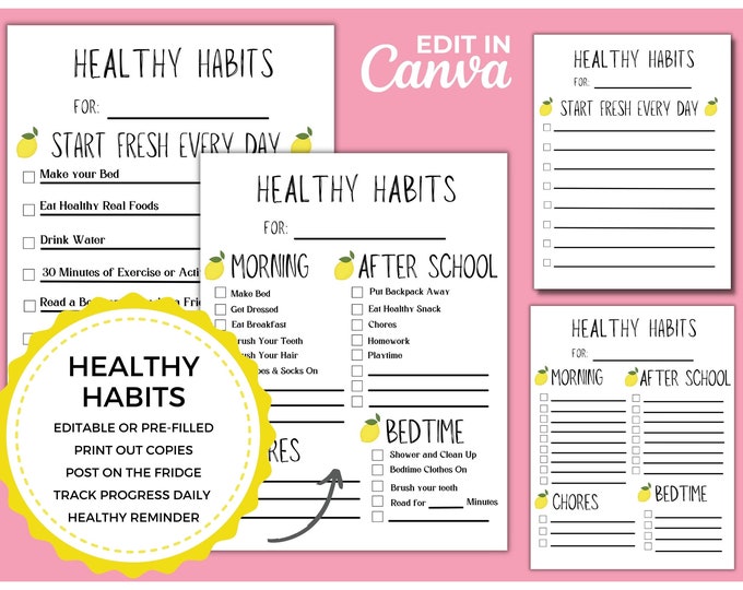 Healthy Habits Checklist, Kids Daily Routine,printable Daily Routine ...