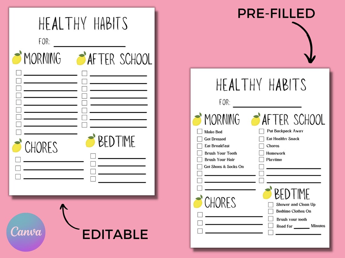 Healthy Habits Checklist Kids Daily Routine Reward Chart Daily ...