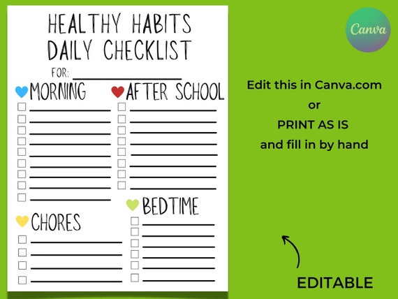 Healthy Habits Checklist Kids Daily Routine Reward Chart - Etsy