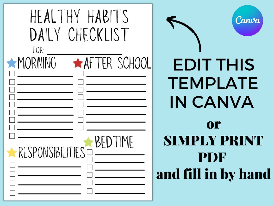 Healthy Habits Checklist, Kids Daily Routine,printable Daily Routine ...