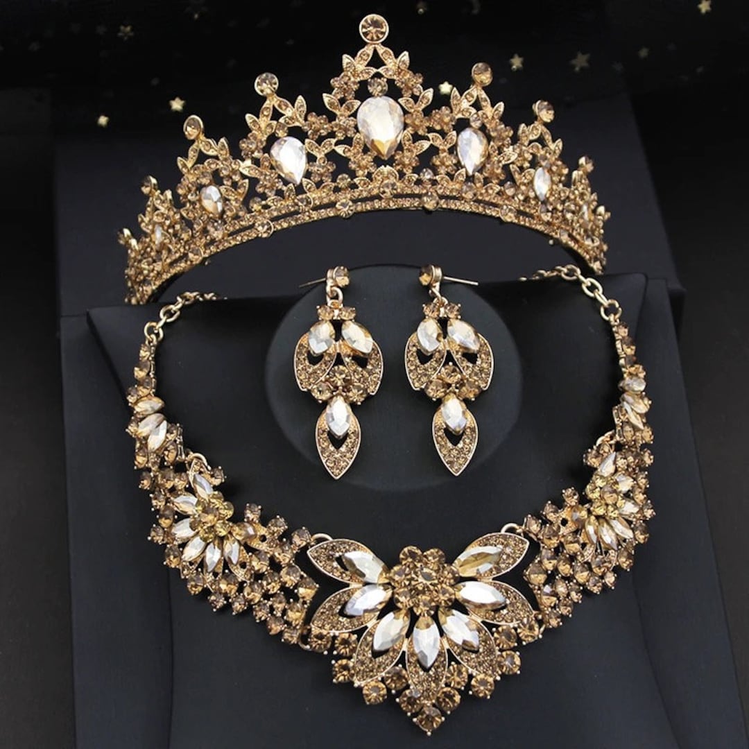 Baroque Champagne Tiara Set Wedding Bridal Necklace Earrings Set ...