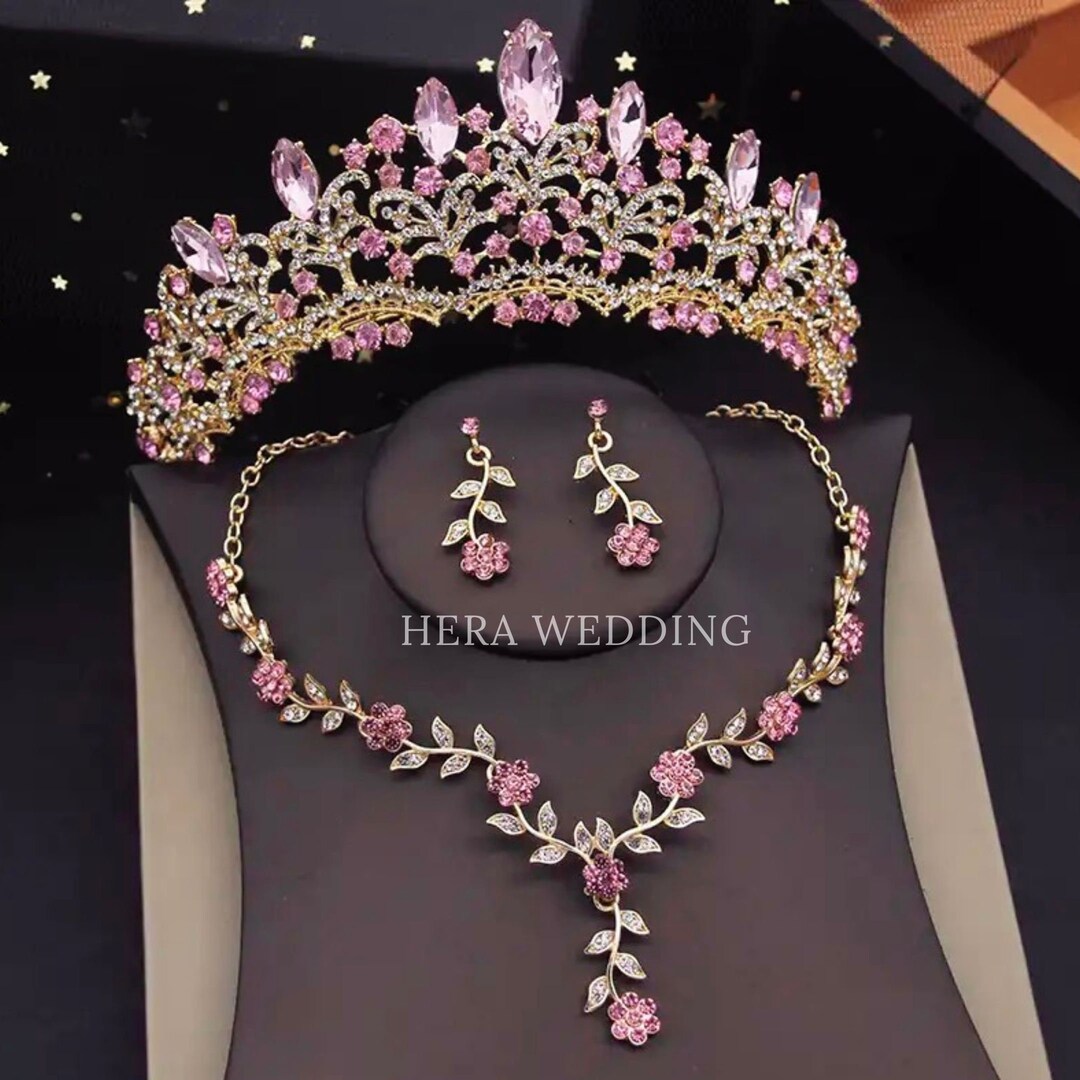 Gorgeous Pink Floral Bridal Tiara Set, Gold Wedding Necklace Earrings ...