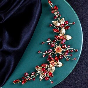 Red Bridal Hair Vine, Gold Leaf Crystal Hair Vine, Burgundy Bridal Hair ...