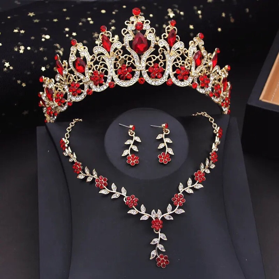 Red Floral Bridal Tiara Set, Red Crystal Necklace Earrings Wedding Set ...
