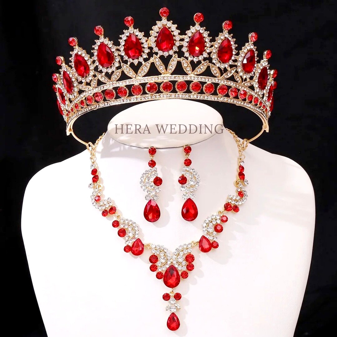 Red Baroque Bridal Tiara Set, Crystal Quinceanera Crown, Red Gold ...