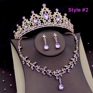 Purple Bridal Tiara Set, Wedding Tiara Set, Crystal Necklace and ...