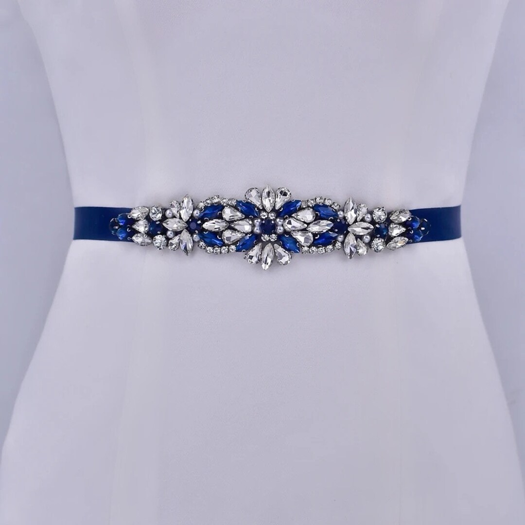 Blue Crystal Wedding Sash Belt, Pearl Rhinestone Bridal Belt, Wedding ...