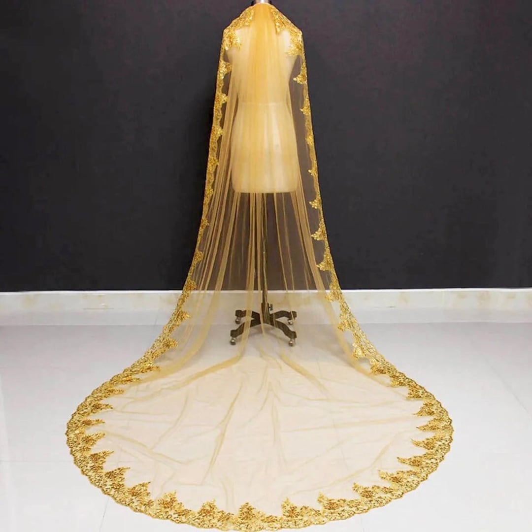 Gold Glitter Bridal Veil, Floral Long Lace Cathedral Veil, Embroidered ...