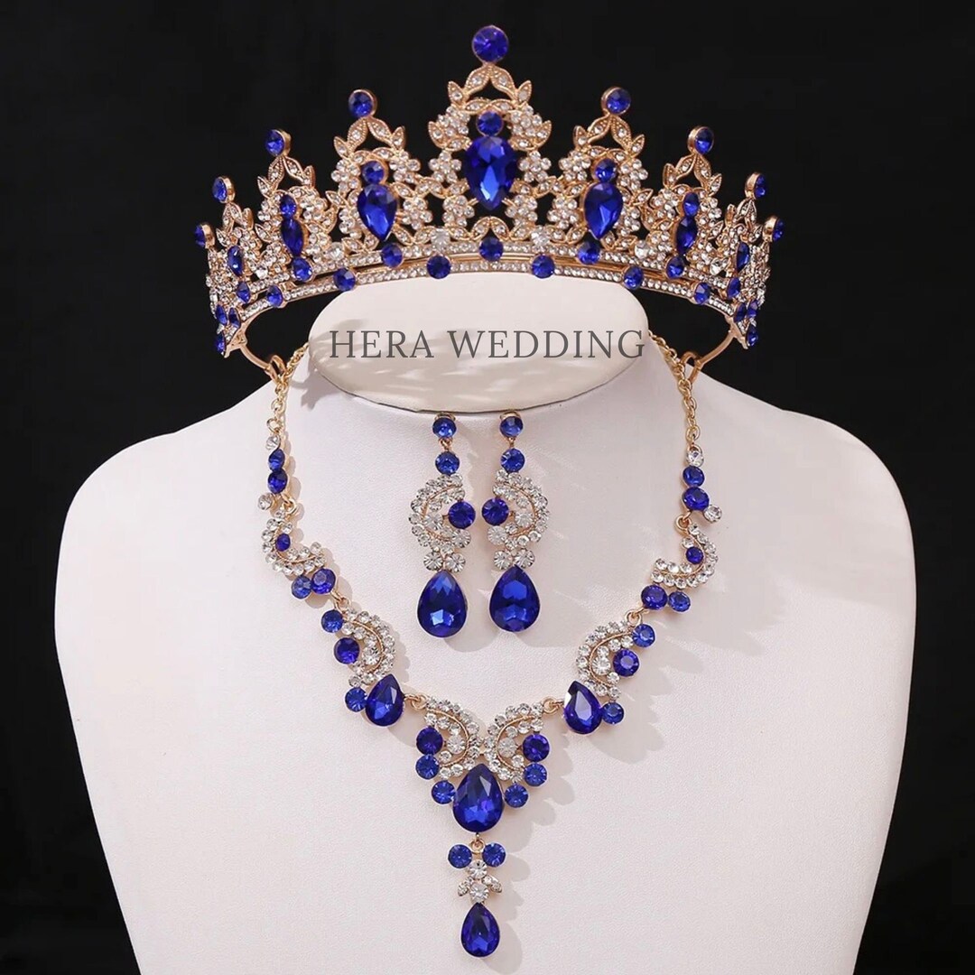 Blue Gold Baroque Bridal Tiara Set, Crystal Wedding Necklace Earrings ...