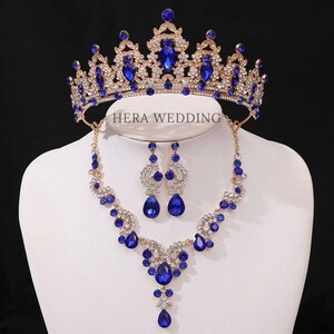 Blue Gold Baroque Bridal Tiara Set, Crystal Wedding Necklace Earrings ...