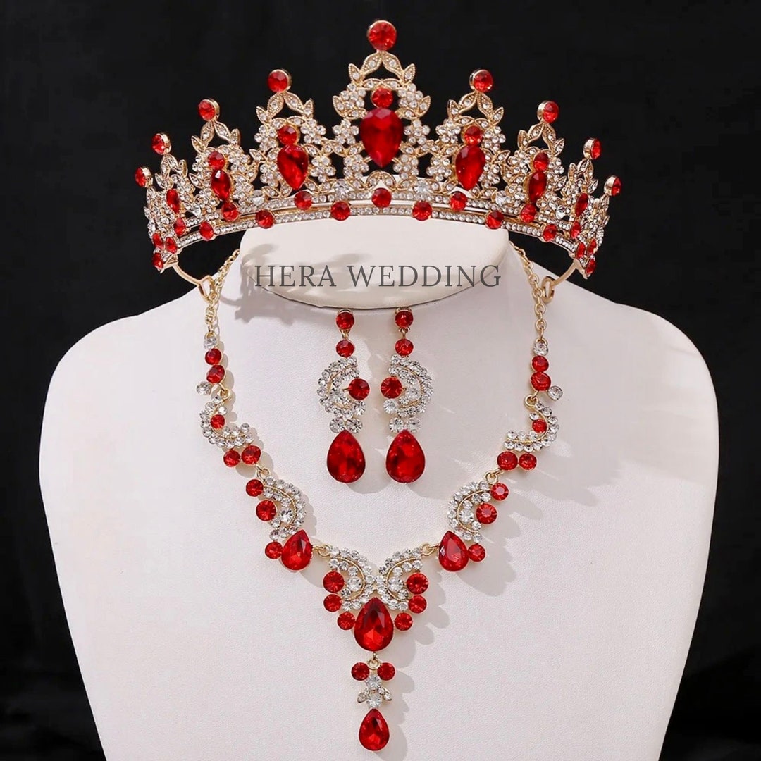 Red Baroque Crystal Bridal Tiara Red Gold Wedding Headpiece - Etsy