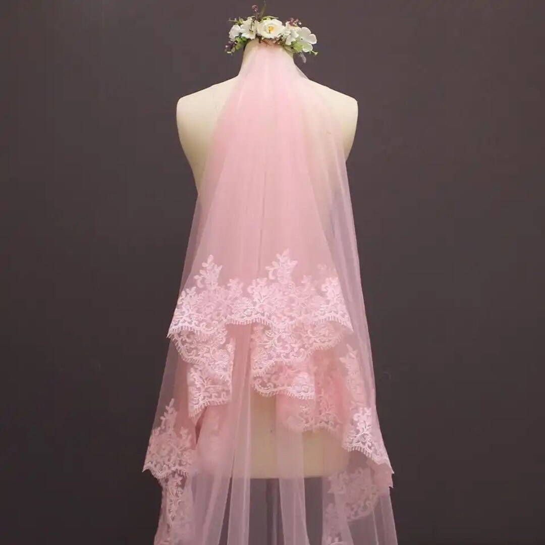 Pink Embroidered Long Bridal Veil, Two Layered Lace Cathedral Veil ...