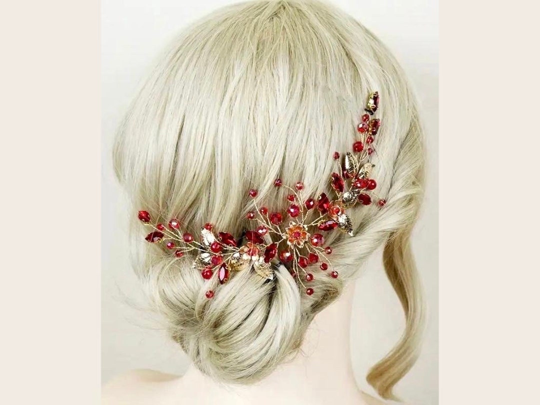 Red Bridal Hair Vine, Gold Leaf Crystal Hair Vine, Burgundy Bridal Hair ...