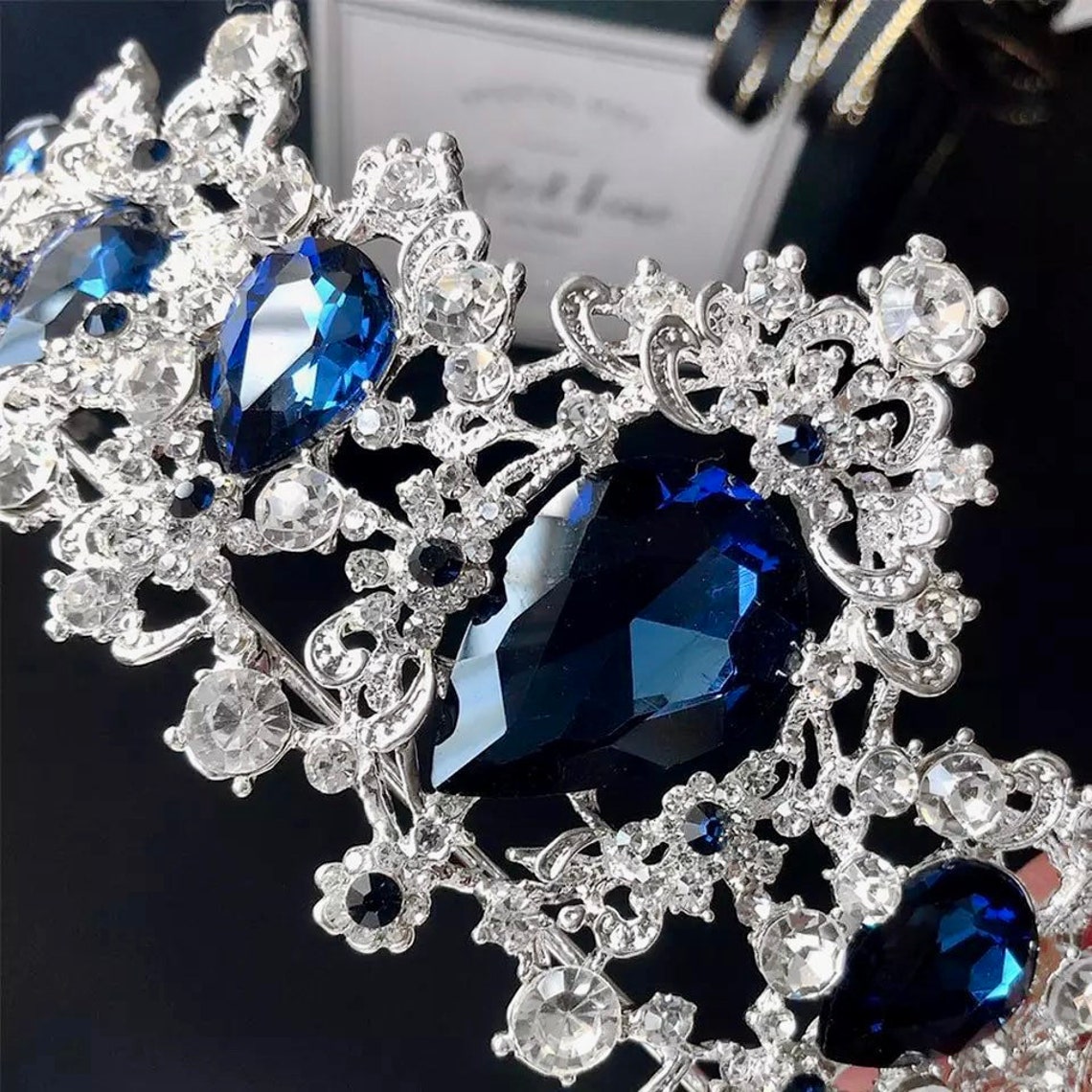 Dark Blue Baroque Bridal Tiara Set Crystal Necklace and - Etsy
