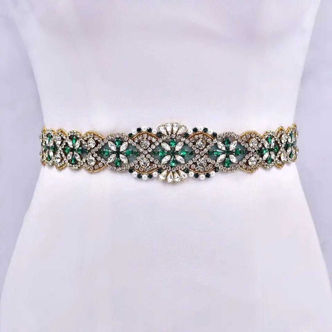 Floral Emerald Green Gold Bridal Belt, Green Wedding Sash Belt, Pearl ...