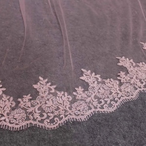 Pink Embroidered Long Bridal Veil, Two Layered Lace Cathedral Veil ...