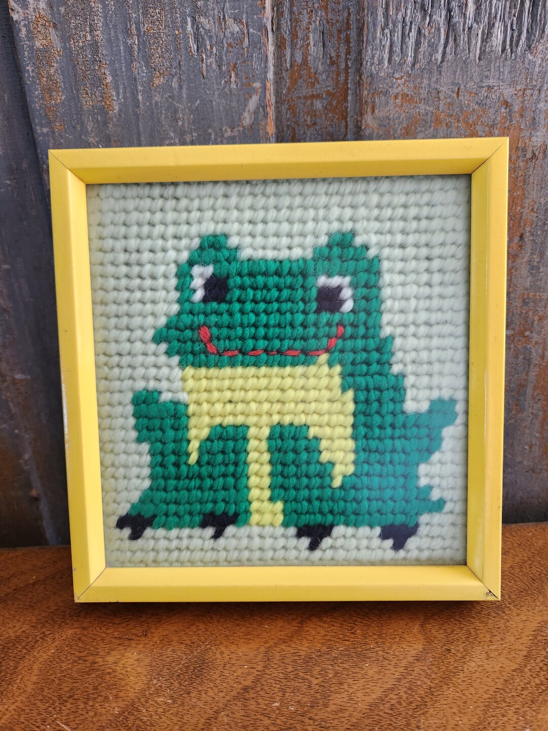 Vintage Derpy Smiling Frog Needlepoint Picture in Yellow Frame - Etsy