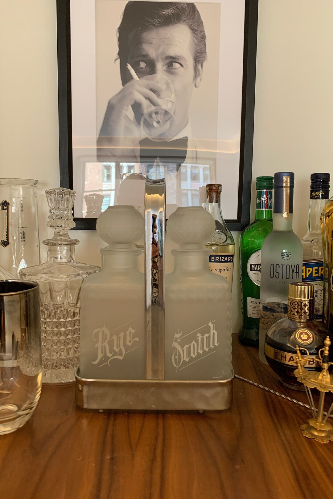 Vintage Decanter Set Scotch and Rye With Chrome Holder Frosted Glass ...