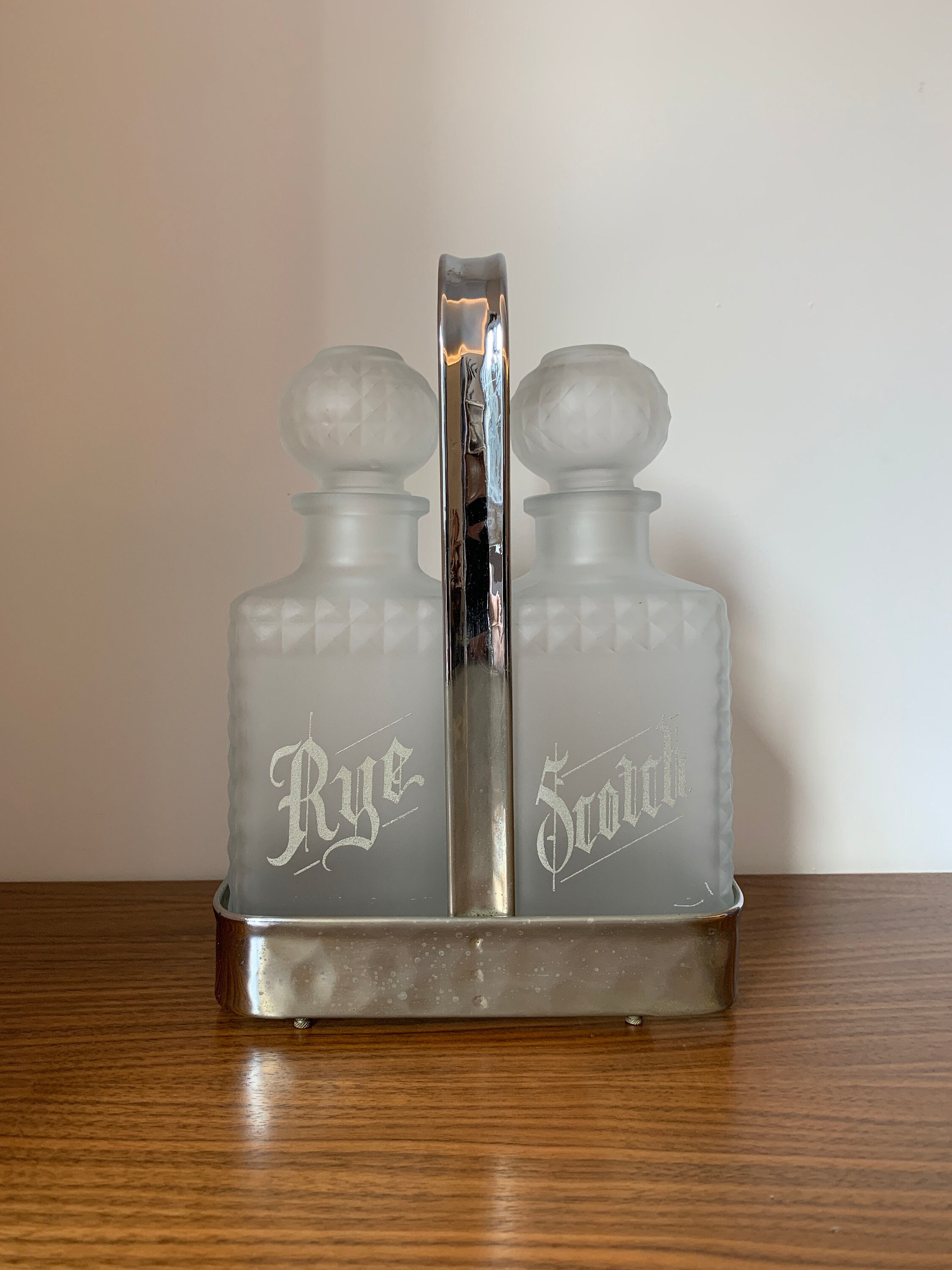 Vintage Decanter Set Scotch and Rye With Chrome Holder Frosted - Etsy