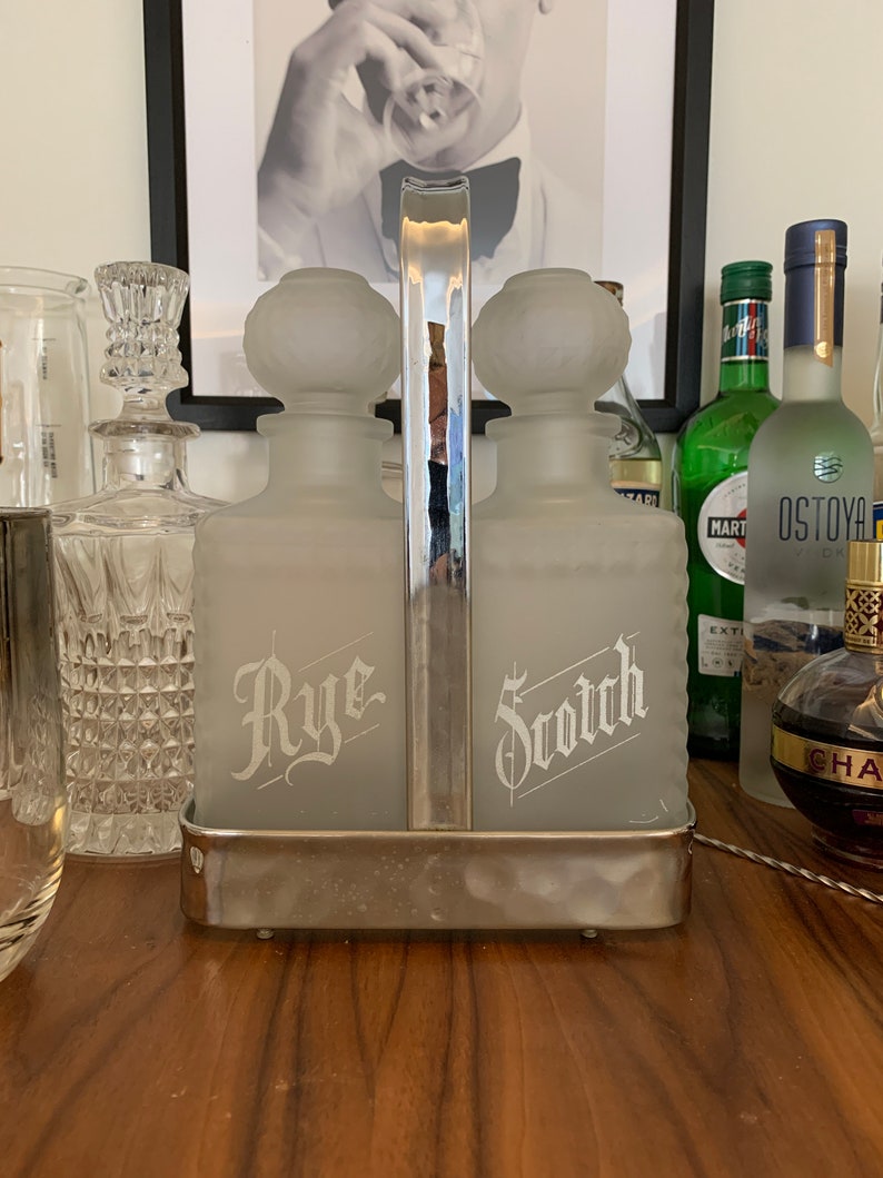 Vintage Decanter Set Scotch and Rye With Chrome Holder Frosted - Etsy