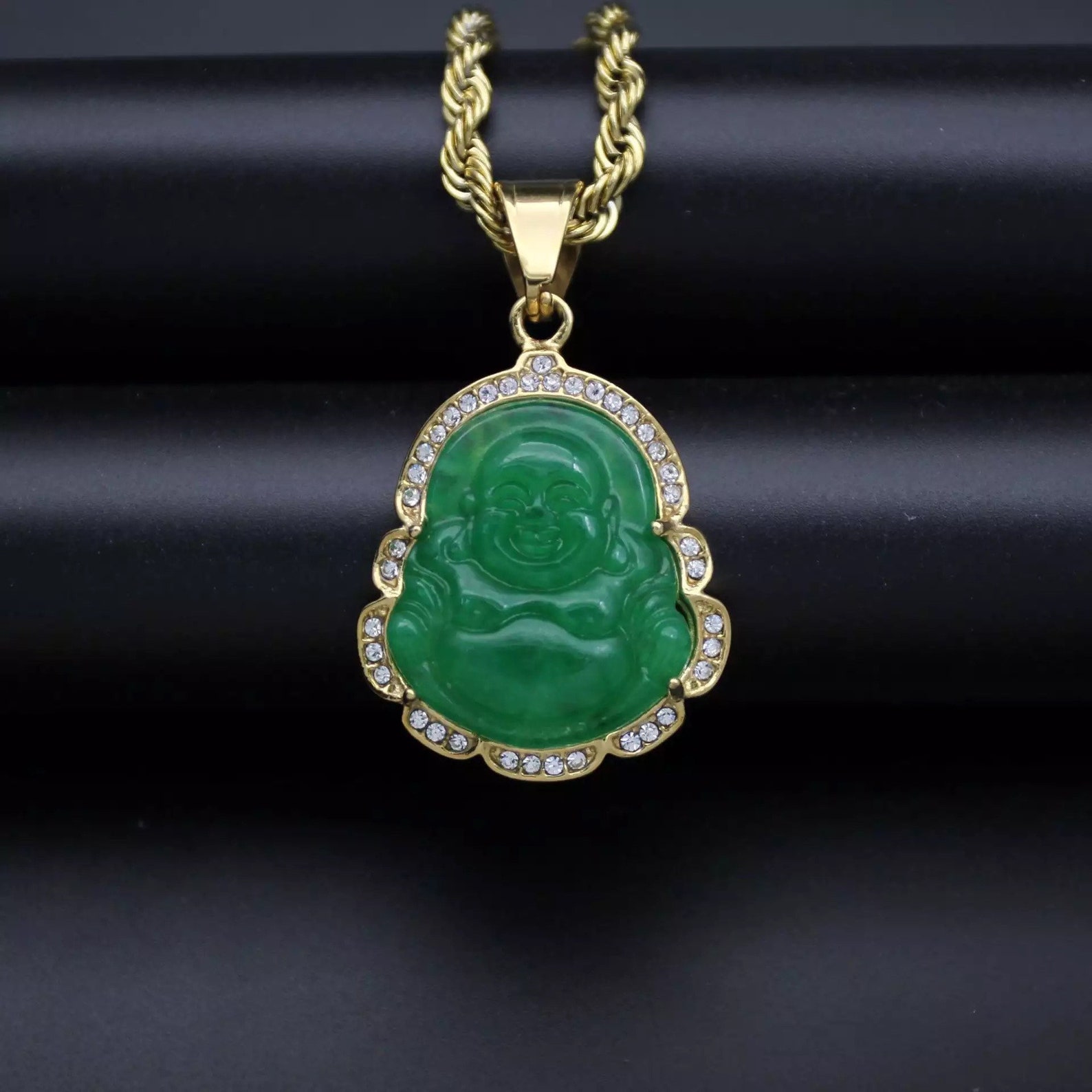 18k Gold Buddha Pendant Necklace Big Jade Healing Stone Etsy