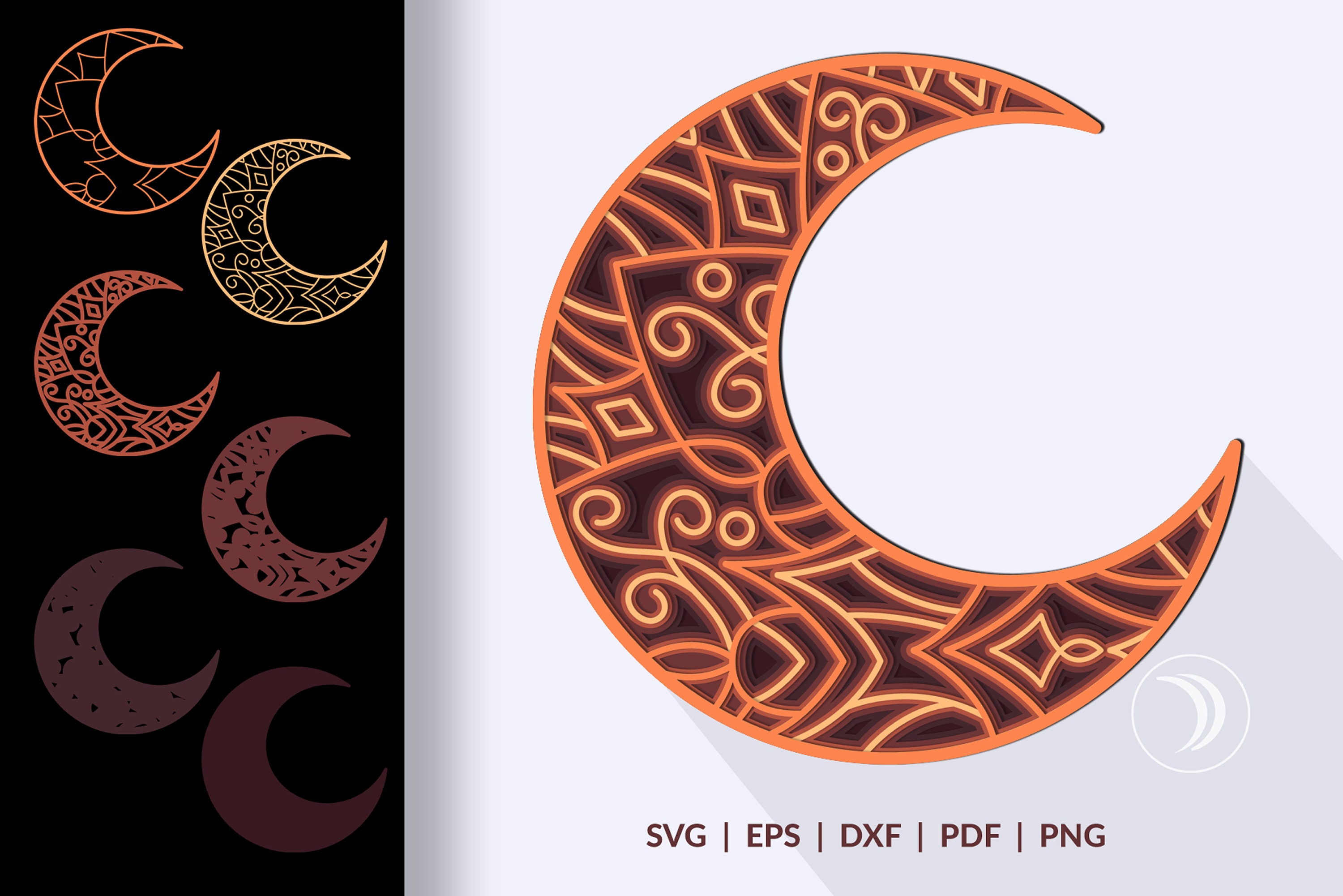 3D Layered Moon SVG, Crescent Moon Mandala Cut File, Half Moon SVG ...