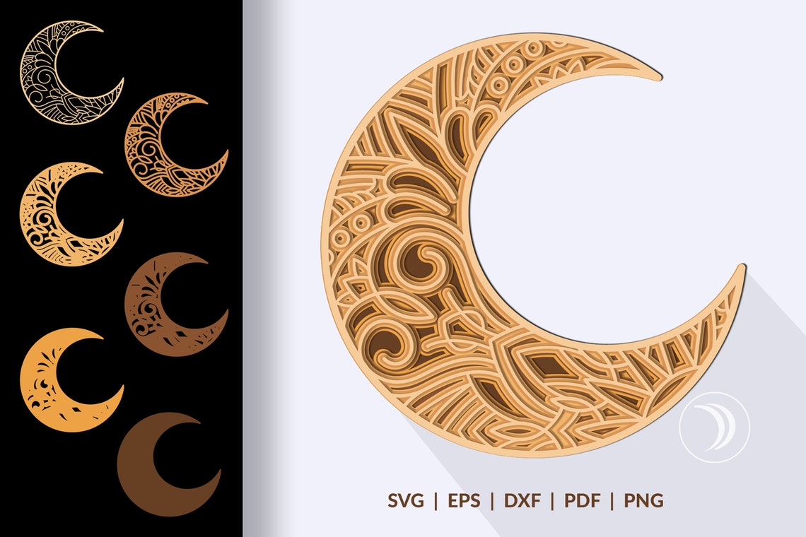 3D Layered Moon SVG, Crescent Moon Mandala Cut File, Half Moon SVG ...