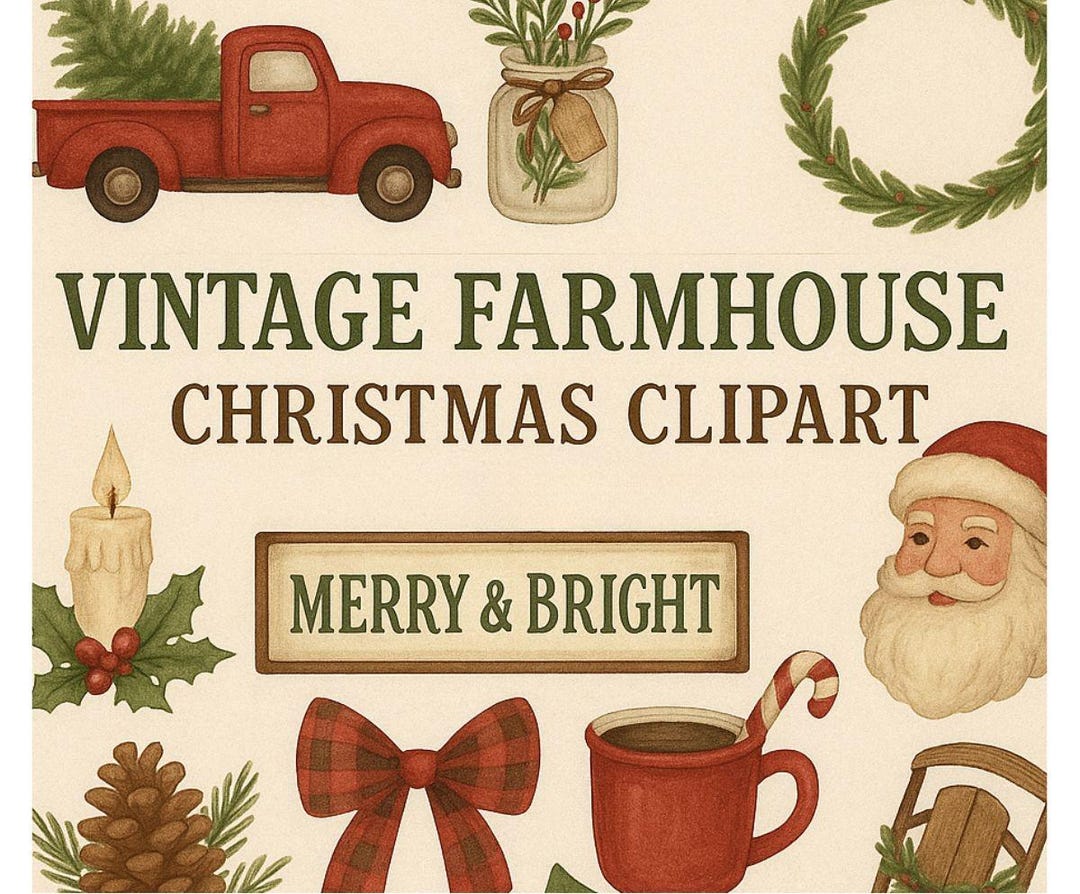 Vintage Farmhouse Christmas Clipart Bundle | 25 Pngs | Rustic Holiday ...
