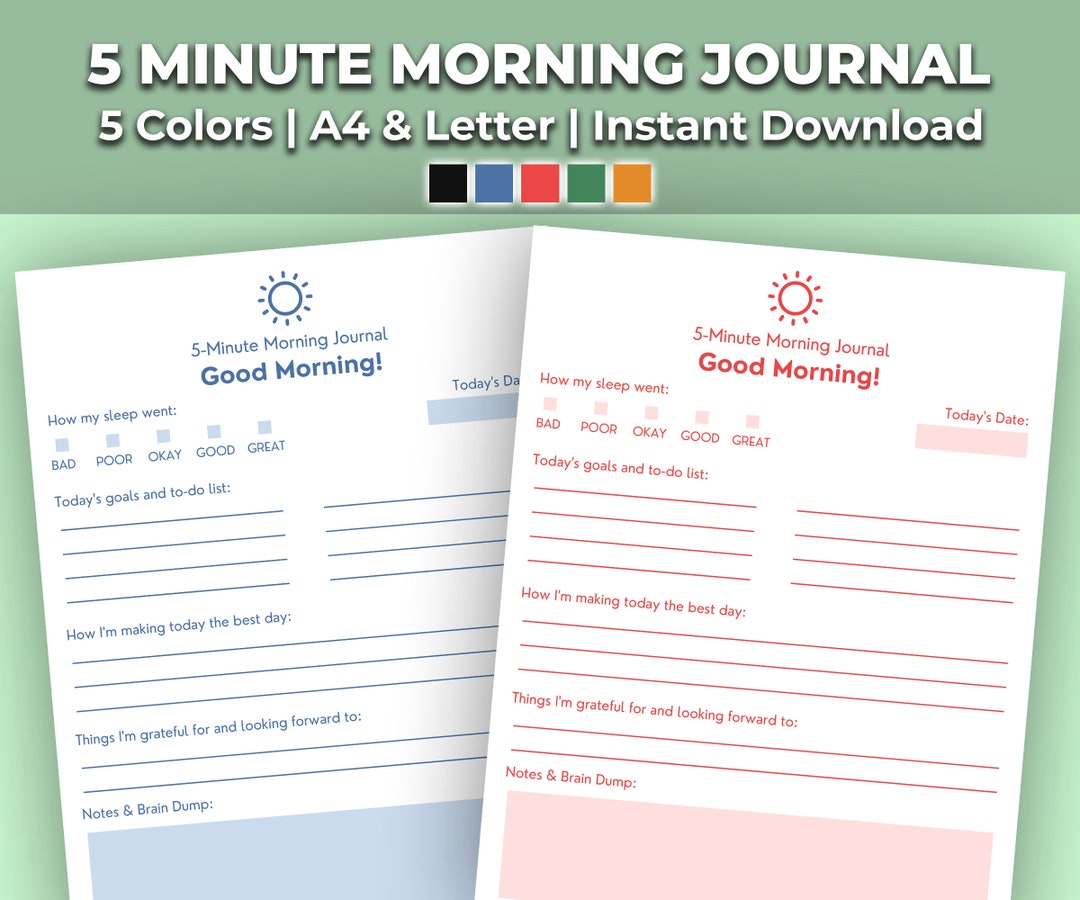 5 Minute Morning Journal Printable Gratitude Journal & Routine 5 Colors ...