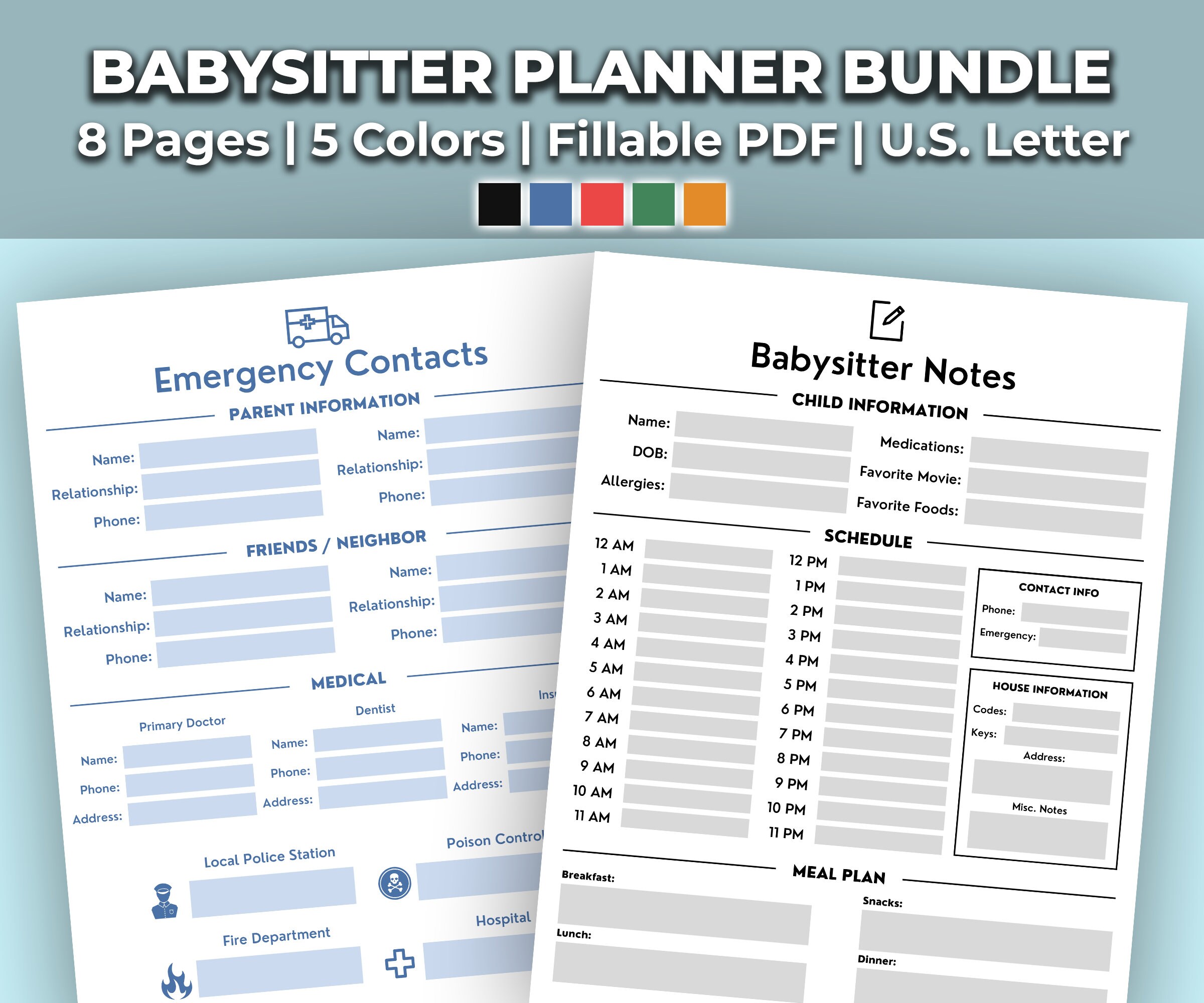 Babysitter Planner Bundle Printable - Babysitter & Nanny Notes, Guide ...