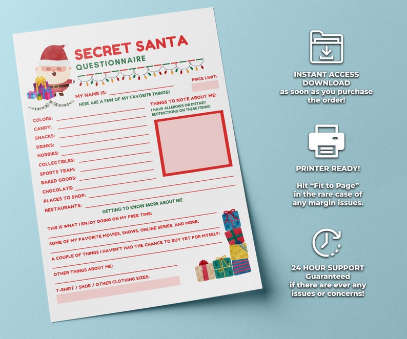 Secret Santa Questionnaire Printable for Christmas Gatherings and ...