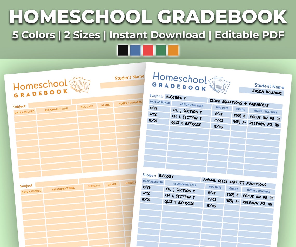 Homeschool Gradebook Printable | Homeschool Grading Sheet Template Kit ...