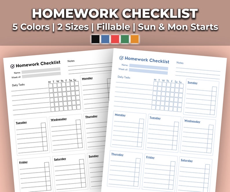 Homework Checklist Tracker & Planner Printable, Weekly Study To-do List for Students, 5 Colors ...