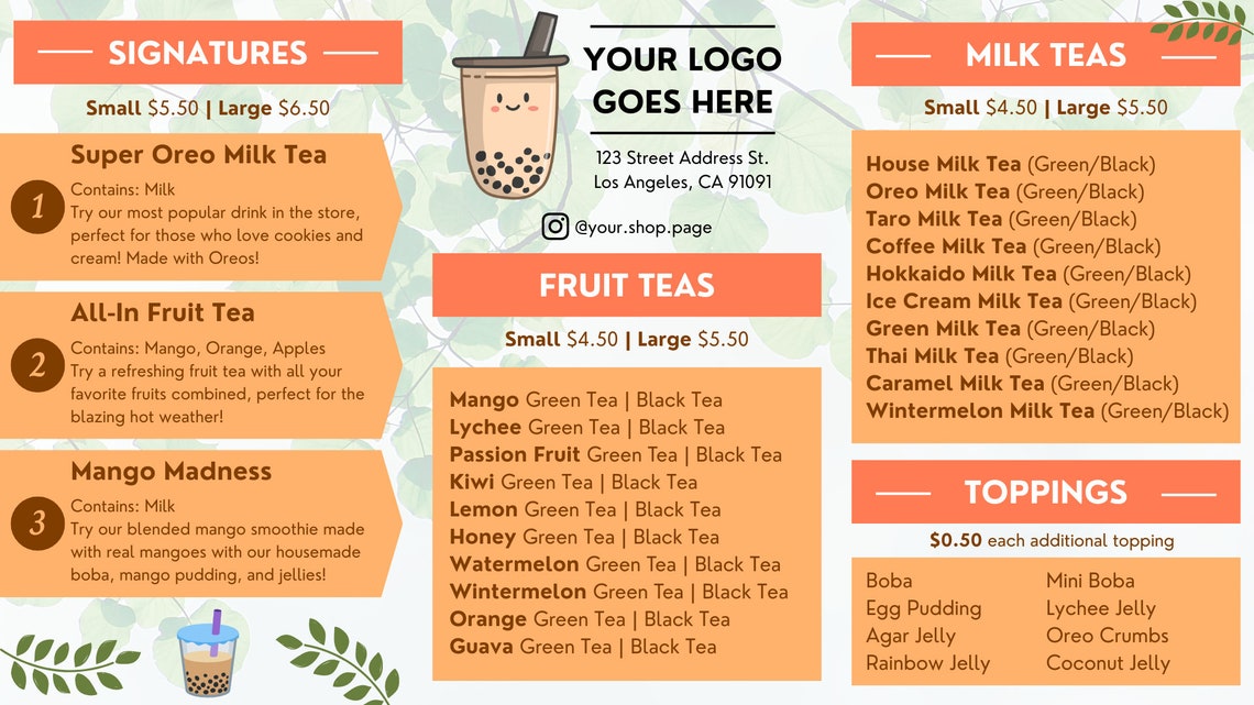 Bubble Tea Boba Cafe TV Menu | Cute Simple Minimal TV Menu for Cafes ...