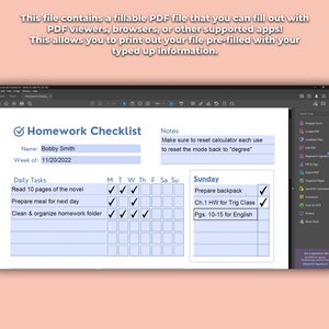 Homework Checklist Tracker & Planner Printable, Weekly Study To-do List ...