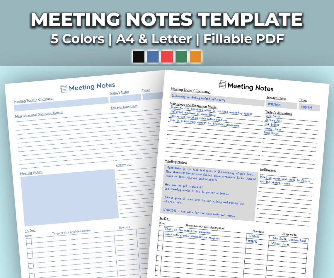 Meeting Notes Template Printable, Meeting Agenda Fillable PDF for ...