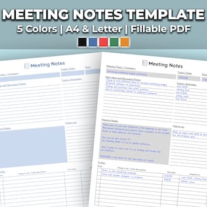 Meeting Notes Template Printable, Meeting Agenda Fillable PDF for ...