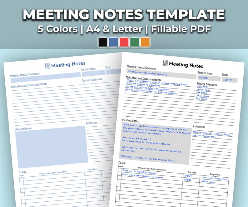 Meeting Notes Template Printable, Meeting Agenda Fillable PDF for ...