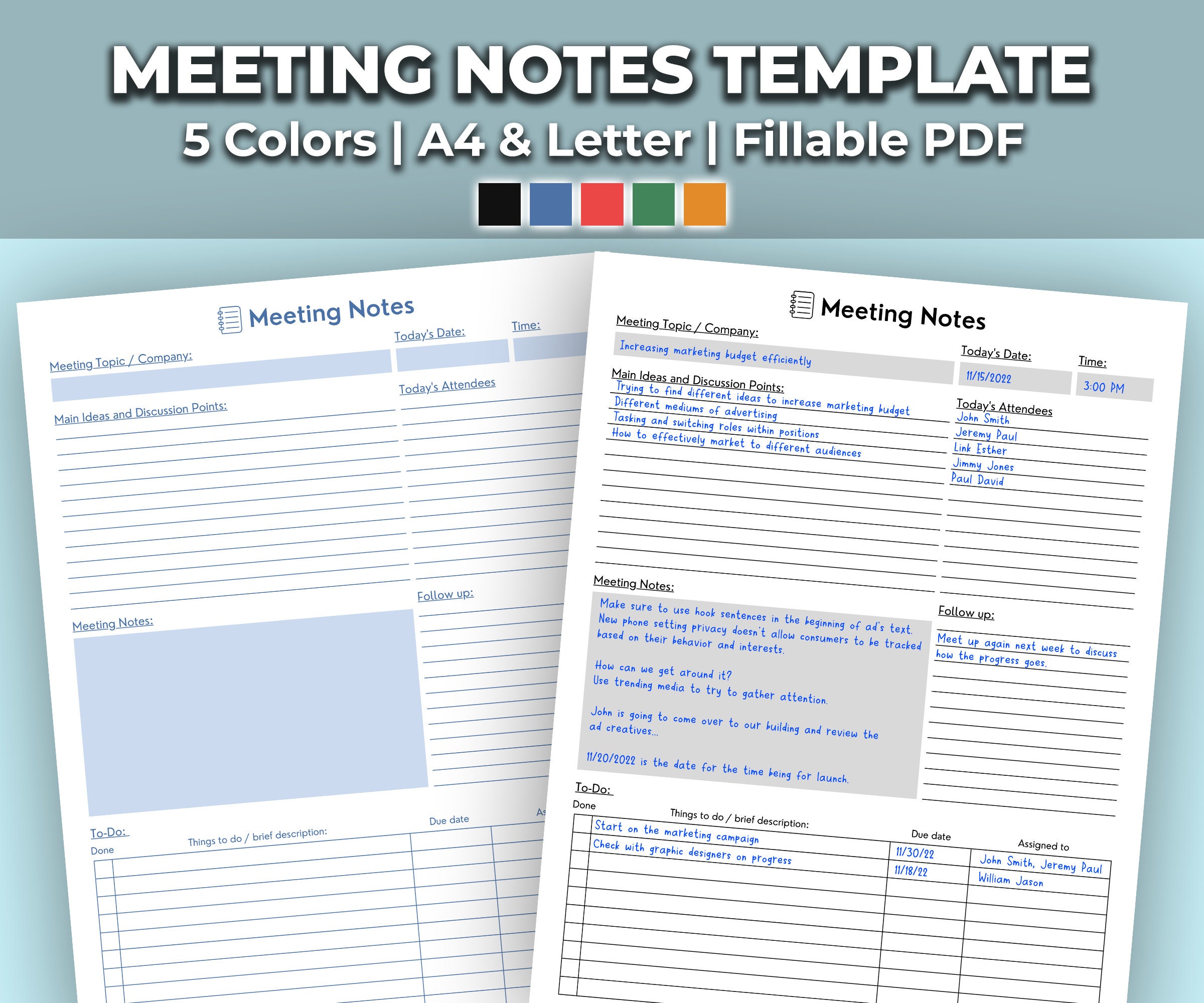 Meeting Notes Template Printable, Meeting Agenda Fillable PDF for ...