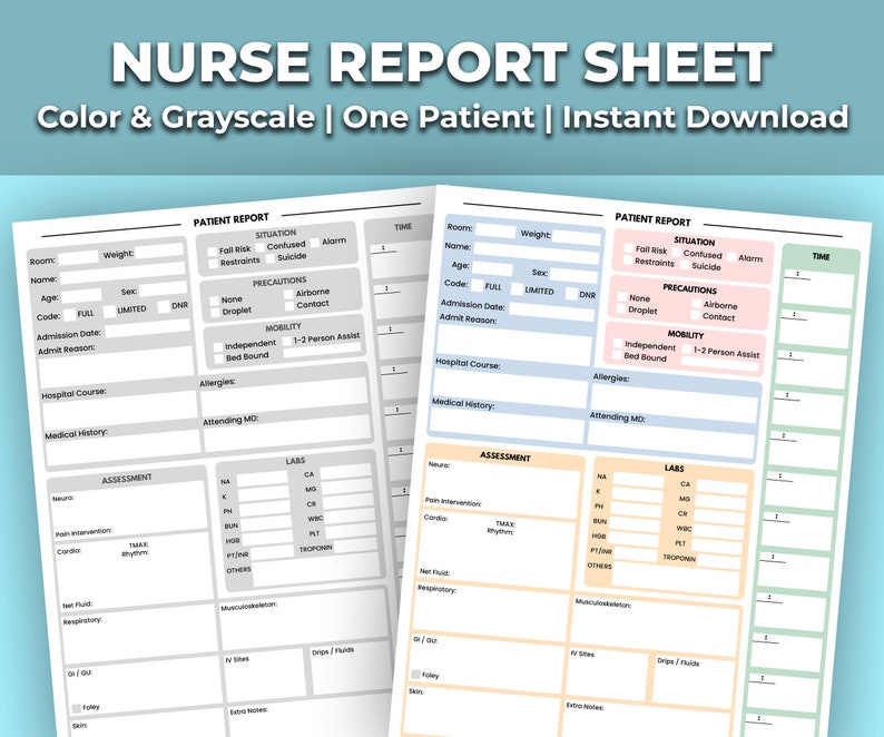 Nurse Report Sheet Printable Template - One (1) Patient | ICU, Medsurg ...