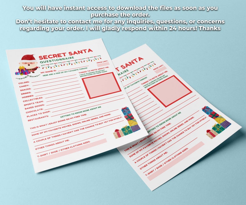Secret Santa Questionnaire Printable for Christmas Gatherings and ...