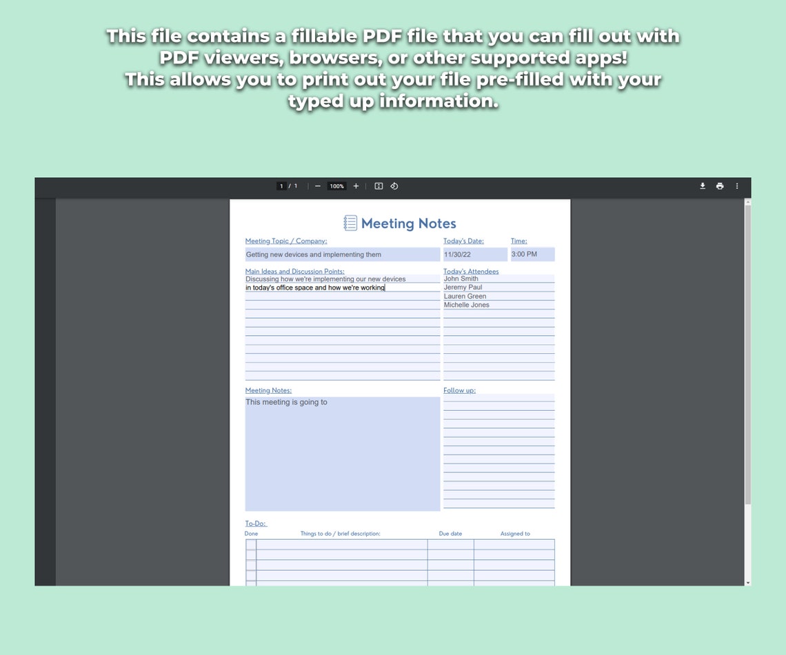 Meeting Notes Template Printable, Meeting Agenda Fillable PDF for ...