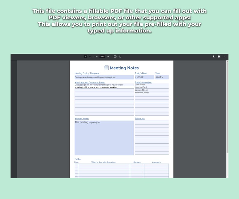 Meeting Notes Template Printable, Meeting Agenda Fillable PDF for ...